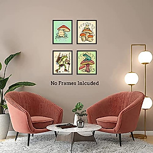 Funny Frog Posters Vintage Frog Mushroom Wall Art Prints, Retro Cute Frog Mushroom Creativity Nature Illustration Canvas Art Prints for Bathroom Bedroom Living Room Decor, Set of 4-(8”x10”, Unframed)