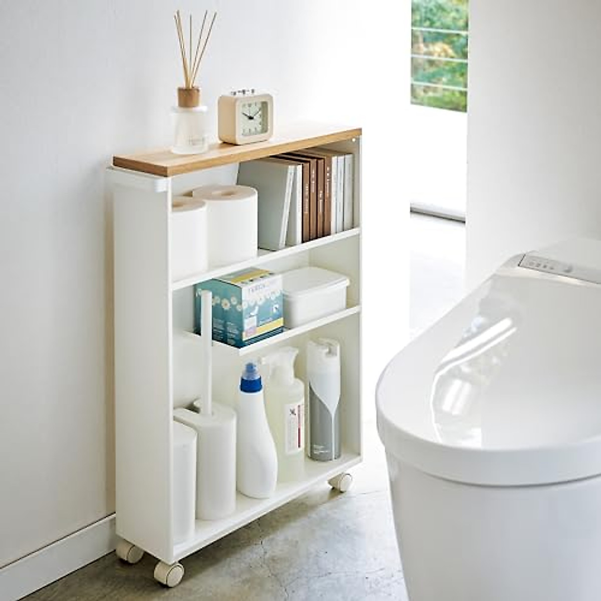 Yamazaki Home Rolling Slim Bathroom Utility Cart with Handle - Storage Shelf Narrow Organizer Rack Steel One Size White