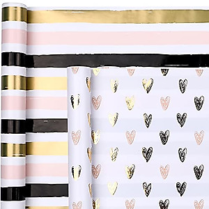 Packanewly Wrapping Paper Roll Set with Cutline on Reverse for All Occasion - Pink Gold White, Black Stripe, Fruit Pineapple Gift Wrap paper Bundle(4 Pack, 100 sq. ft. ttl.) - 30 x 120 Inch Each Roll