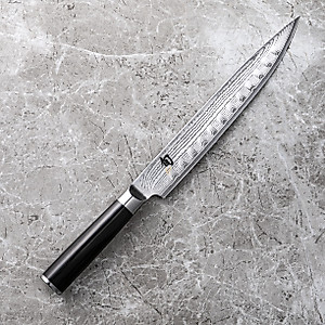Shun Classic 9" Hollow Ground Slicing Knife, Handcrafted Japanese Meat Slicing Knife, Long and Thin Blade, VG-MAX Core with Damascus Stainless Steel Cladding, Pakkawood Handle