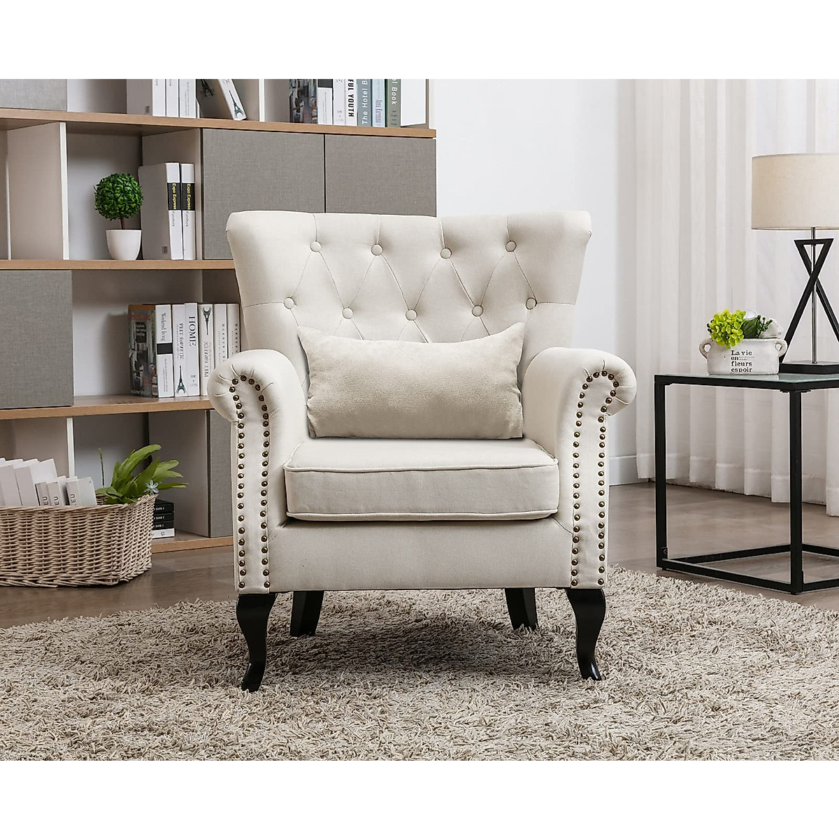 Kmax Fabric Club Chair Tufted Throne Chair Mid Century Accent Wingback Chair Padded Seating Wood Legs Home Club Bedroom Living Room, Beige