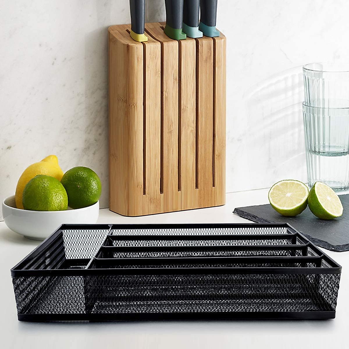 Ipanda Cutlery Tray, Cutlery Organizer, Non-Silp 5 Compartments Utensil Drawer Storage, Kitchen/Office, Steel Mesh Silverware Drawer/Holder/Divider (Black)