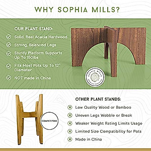 Plant Stand Mid Century Wood - Wooden Stool Riser For Indoor Plant, Natural Acacia Planter Base - Fits 8 To 12-Inch Diameter - Modern Minimalist Pot Holder Stands (Pot Not Included) - Flat Arch Design
