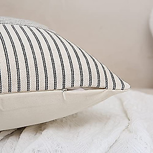 Hckot Black and Beige Patchwork Farmhouse Throw Pillow Covers 18 x 18 Inch, Pack of 2 Striped Linen Decorative Pillow Case for Sofa Couch Chair Bedroom Modern Decor(Black)