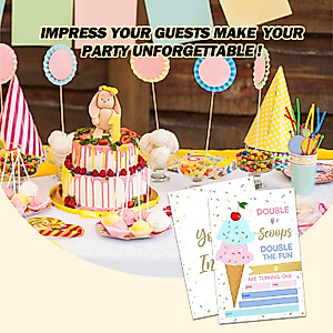 Ice Cream Birthday Party Invitations, Double the Scoops Double the Fun Twin Babies 1st Birthday Party Invitation, Summer Ice Cream Theme, Birthday Party Supplies, 20 Invitations with Envelopes - JY691