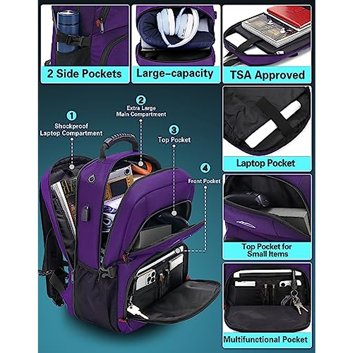 ProEtrade Travel Backpack, Extra Large Laptop Backpack School Business Anti Theft TSA Approved College Work Computer Bag Fits 17 Inch Laptop with USB Charging Port Bookbag for Women Men(Purple)