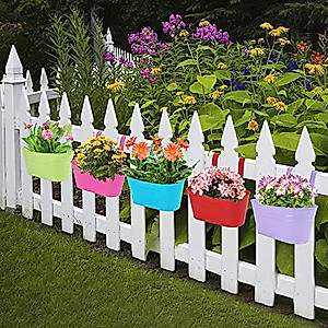 Glory Island 5 Pcs Hanging Flower Pot, Metal Iron Bucket Fence Hanging Planters for Outdoor Plants, Planter Box with Detachable Hooks for Railing Balcony Garden Yard