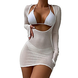 Lilosy Sexy Long Sleeve Mesh Sheer Beach Swim Cover Up Dress Bikini 3 Piece Women Drawstring Swimwear Swimsuit String Bathing Suit Set Fishnet White Large