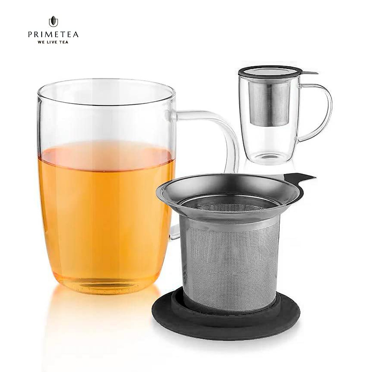 Prime Tea - Glass Teacup with Tea Infuser, 16oz / 470 ml, Hand Blown, Single Wall, Heat Resistance Borosilicate Glass Teacups for Blooming Tea & Loose Leaf Tea, Microwave & Dishwasher Safe (Black)
