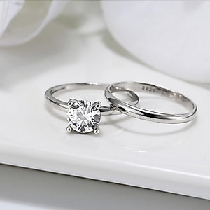 Ginger Lyne Collection Envy Bridal Set for Women -Solitaire 1.25Ct Cubic Zirconia Engagement Ring & Matching 2mm Wedding Band, Sterling Silver, 4 Prong - Size 7