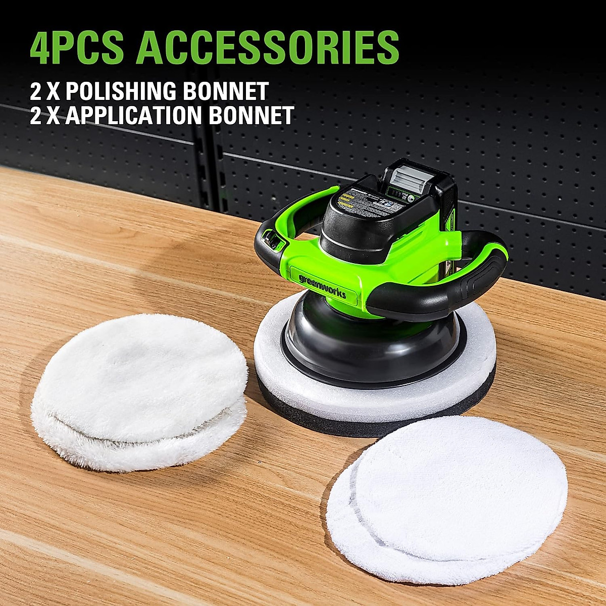Greenworks 24V Powerful Cordless Car Buffer & Polisher, 10-inch pad 2800 RPM waxing machine with 4 Buffing Bonnets, 2.0Ah Battery & 2A Charger included