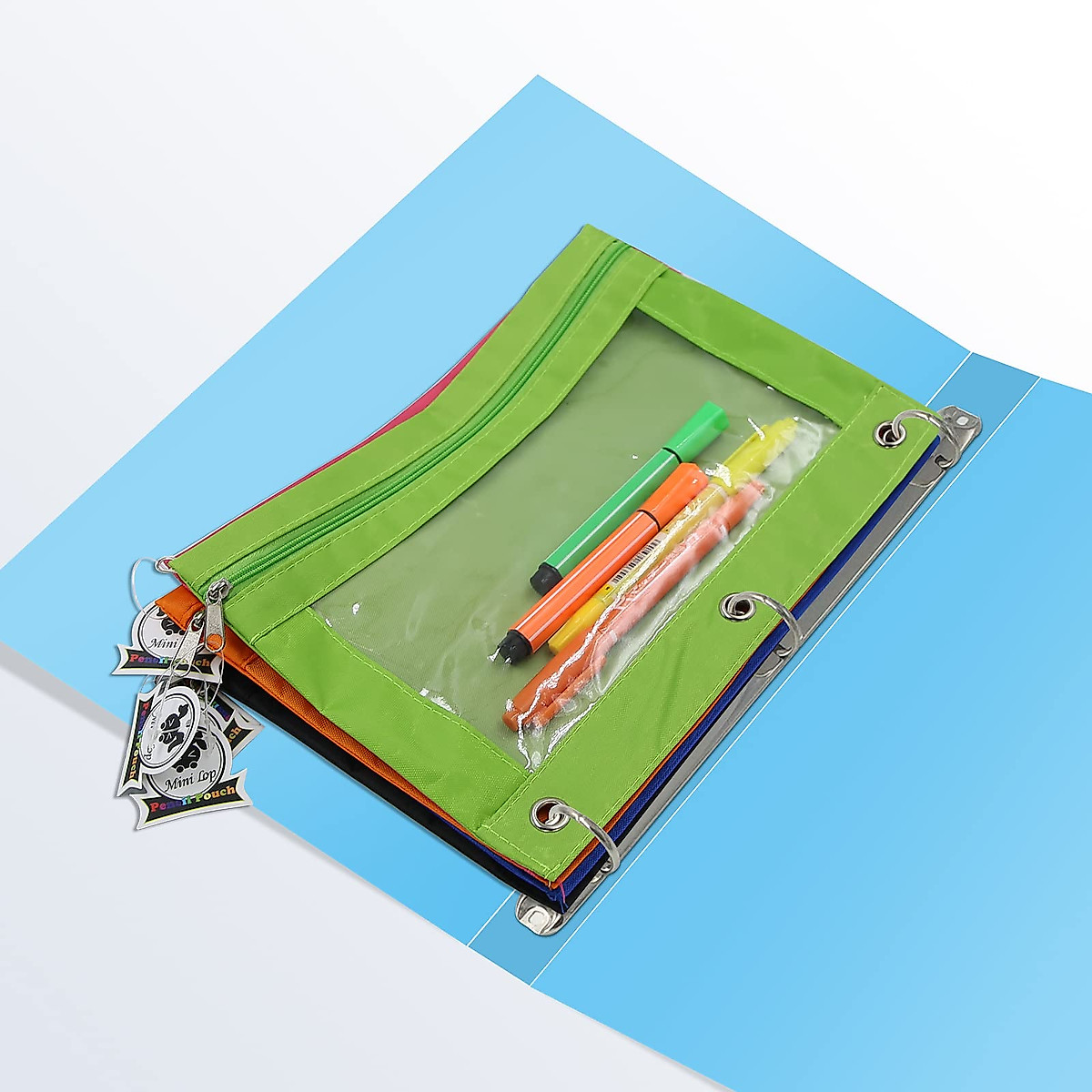 MINI LOP 3 Ring Binder Pencil Pouches, Pencil Pouch for 3 Ring Binder, Zippered Clear Window Pencil Case for Binder with Rivet Enforced Hole 3 Ring, 5 Packs