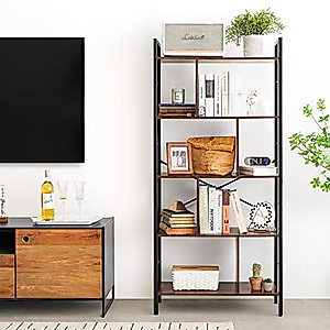 Yoobure 5 Tier Tall Book Shelf, Industrial Bookshelf Storage Bookcase, Open Wood Book Case, Rustic 5 Shelf Display Shelf for Living Room, Modern Standing Book Shelf for Bedroom, Home Office, Kitchen