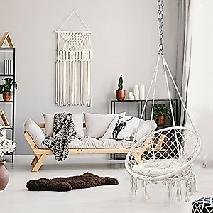 HBlife Hammock Chair, Hanging Swing with Macrame and Cushion, Max 330 Lbs, Beige Hanging Cotton Rope Chair for Indoor, Outdoor, Bedroom, Patio, Yard, Deck, Garden and Porch