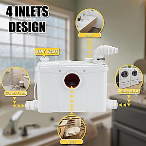 Trupow 700W 110V Macerator Sewerage Pump with 4 Water Inlets for Upflush Toilet System Waste Water Marine Toilet Bathroom Disposal Laundry