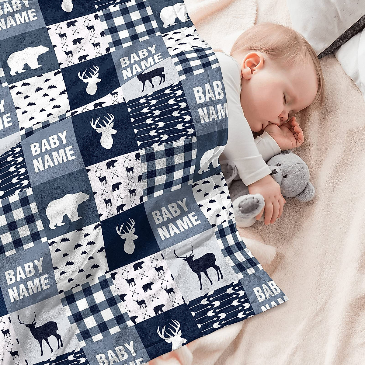 Woodland Deer Personalized Minky Fleece Baby Blanket with Name, Custom Deer Bear Baby Blankets for Boys Kids, Birthday Gifts, Deer Blankets for Infant Newborn, Soft and Warm Navy Blue Blanket