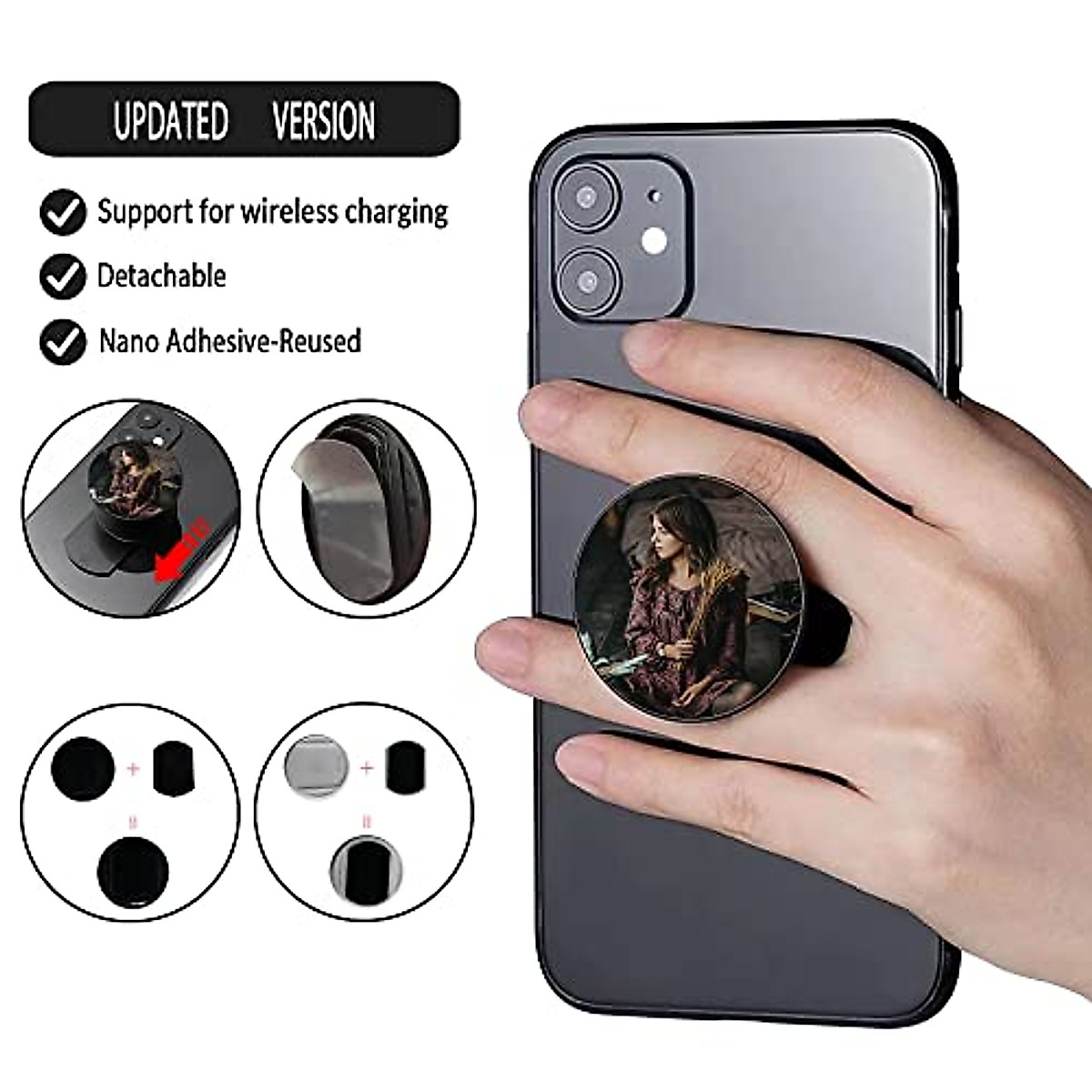 Customized Photo Foldable Cell Phones Stand and Tablets Holder,Detachable Personalized Pop Phone Socket, Wireless Charger Supported-Round Black
