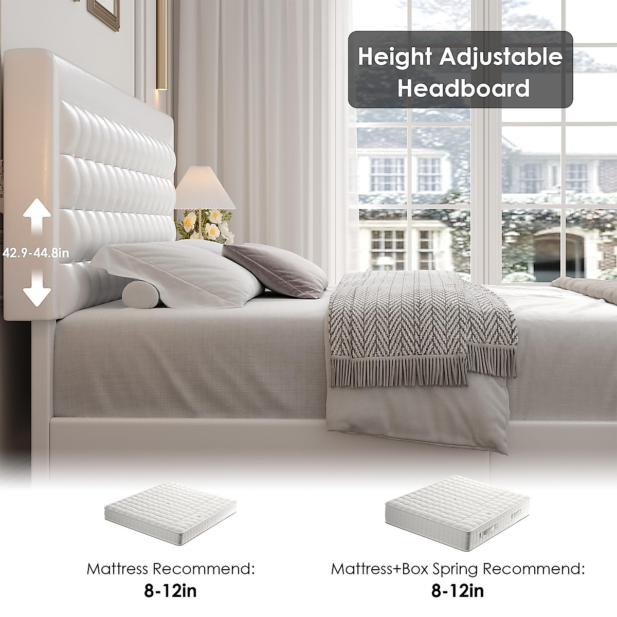 HIFIT Full Size Bed Frame, Full Modern PU Leather Upholstered Platform Bed with Button Tufted Adjustable Headboard and Solid Wood Slats Foundation, No Box Spring Needed, No Noise, Easy Assembly, White