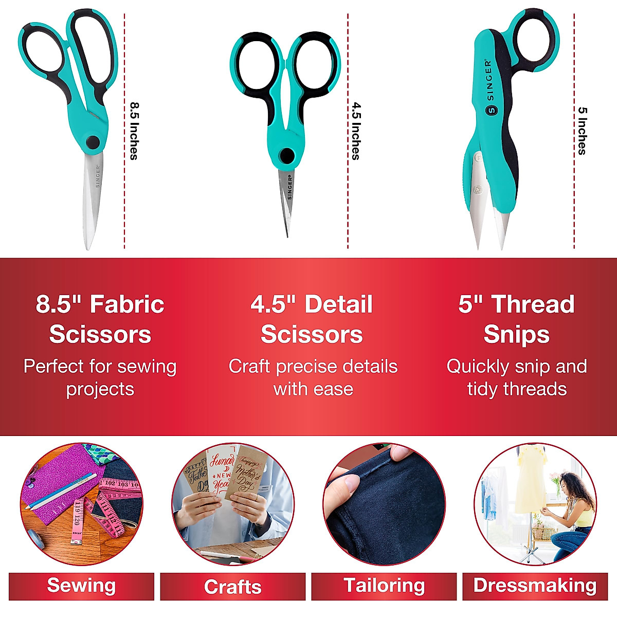 SINGER ProSeries Sewing Scissors Bundle, 8.5" Heavy Duty Fabric Scissors, 4.5" Detail Embroidery Scissors, 5" Thread Snips with Comfort Grip