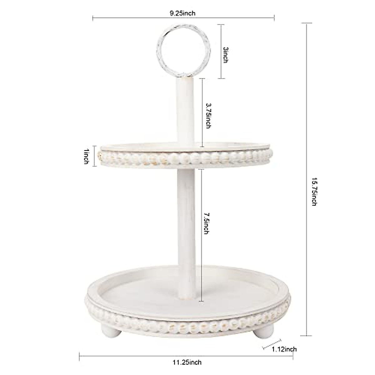 GenMous & Co. Rustic Wood Beaded 2 Tiered Tray Stand For Farmhouse Kitchen Table Decor, Rustic White Two Tiered Serving Tray For Food Fruits Cupcakes Display Coffee Bar Home Party Seasonal Decorations