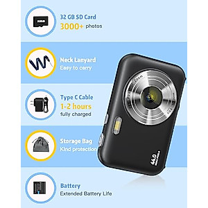 Fulealfly Digital Camera, FHD 1080P Kids Camera with Neck Lanyard 32GB Card Battery, Anti-Shake 16X Zoom, 44MP Point Shoot Cameras, Compact Portable Gift Camera for Kid Teen Student Girl Boy(Black)