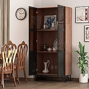 ECACAD 3-Tier Tall Bookcase Storage Cabinet with 2 Acrylic Glass Doors, Wood Bookshelf Display Cabinet with Metal Legs for Living Room & Office, Brown and Black (31.5”L x 15.9”W x 70.7”H)