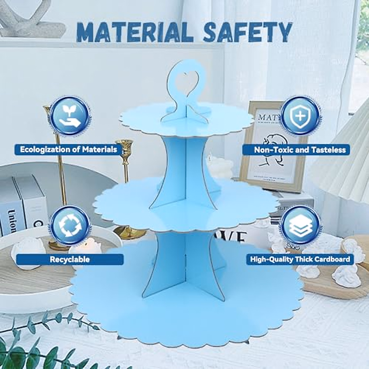 KINMRIS Blue Cake Stands Cardboard 3- Tier Dessert Cupcake Stand for Afternoon Tea 2 Pack, 3-Tier Cupcake Holder for Weddings, Birthday Party Supplies, Wedding Anniversary