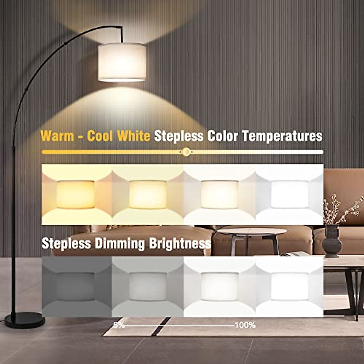 OUTON Arc Floor Lamp with Remote Control, 81" Height Dimmable LED Floor Lamp with Stepless Color Temperature, Modern Tall Standing Lamp with Adjustable Hanging Drum Shade for Living Room, Bedroom