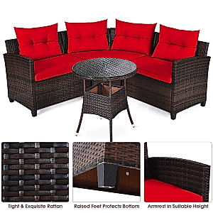 DORTALA 4-Piece Sectional Furniture Patio Set L-Shape Outdoor Wicker Sofa Set w/Cushions & Sophisticated Glass Coffee Table Couch Modern Deck Rattan Furniture for Garden Poolside Balcony, Red