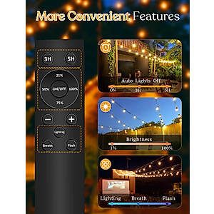 100ft Solar Outdoor String Lights with Remote - USB Rechargeable Solar Powered Outdoor Patio Lights, Larger 3.5W Solar Panel , Timer, Dimmable Shatterproof ST38 Bulbs for Backyard, Porch, Garden, Pool