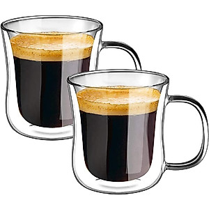ecooe Espresso Cups 4 Oz Double Walled Glasses Coffee Mugs Set of 2, Clear Glass Coffee Cups with Handle, Insulated Coffee Mug Borosilicate Heat Resistant Double Wall Glass Espresso Coffee Cups
