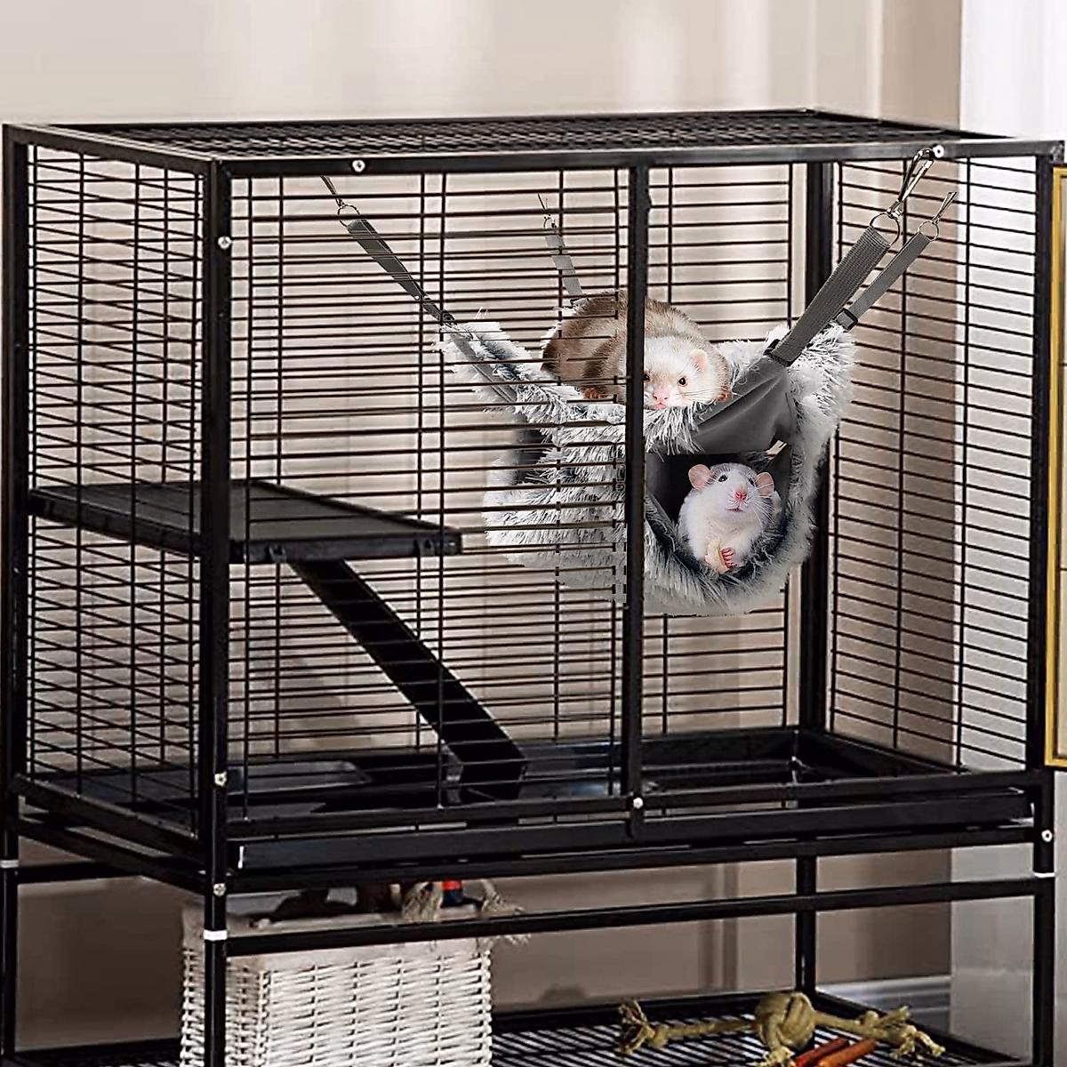 FULUE Ferret Rat Plush Hammock, Ferret Soft Bed Hammock Sugar Glide Cage Accessories for Ferret Rat Guinea Pig Chinchilla Squirrel Toy for Cage 13inch (Grey)