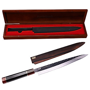 FINDKING Prestige Series Yanagiba Knife with Walnut Cover, Japanese SKD11 Damascus Steel Blade, Ebony Wood Octagonal Handle, Professional Sashimi Sushi Fish Knife (10.5 Inches, with Wooden Gift Box)