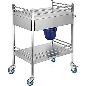 VEVOR Lab Serving Cart, 2 Layers Stainless Steel Utility Rolling Cart, Medical Cart with Two Drawers, Dental Utility Cart with Lockable Wheels and A Bucket, for Laboratory, Hospital, Dental Use