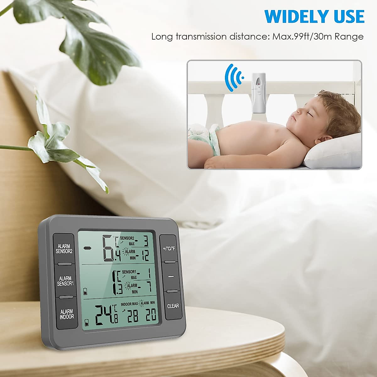 AMIR Upgraded Refrigerator Thermometer, Wireless Indoor Outdoor Thermometer, Sensor Temperature Monitor with Audible Alarm Temperature Gauge for Freezer Kitchen Home (Battery not Included, Grey)