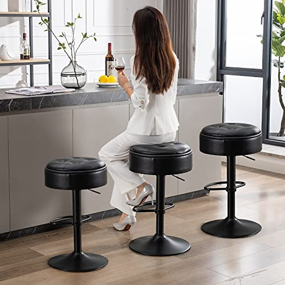 Round Storage Bar Stool Set of 2, Black Faux Leather Height Adjustable Barstool, 360°Counter Height Swivel Stool, Armless Bar Chair with Metal Frame for Kitchen Counter Dining Living Room