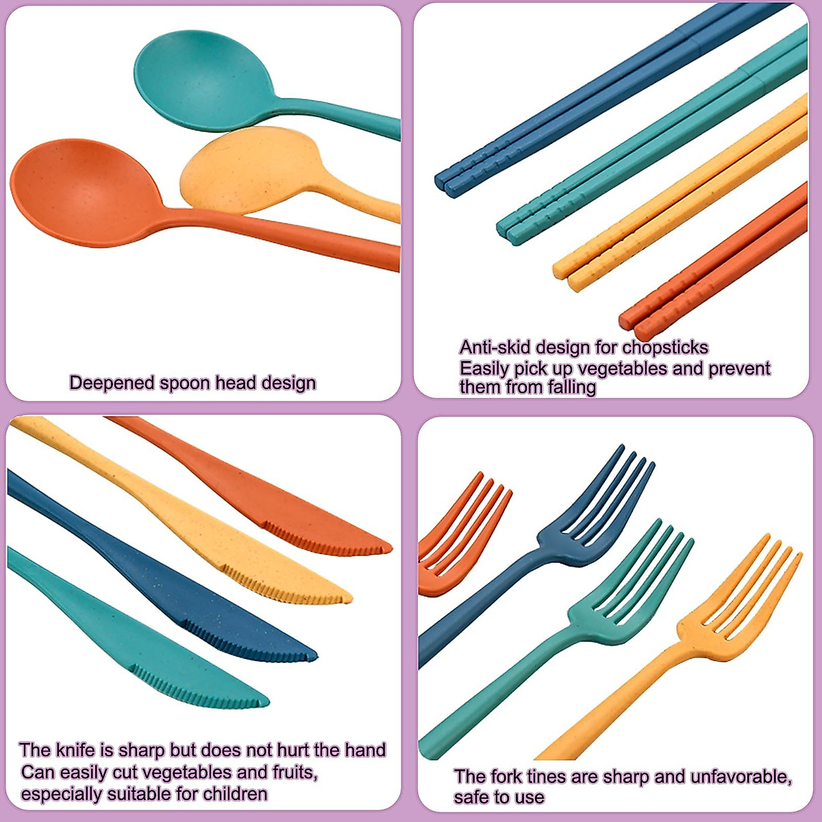 Tneene 6 Pack Wheat Straw Cutlery, Portable Travel Utensils Spoon Fork Knife, Reusable Flatware Set with Case for Travel Office Lunch Camping Daily Use(6 Colors)