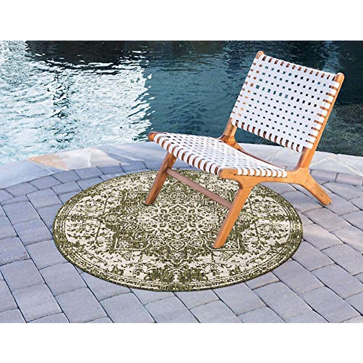 Unique Loom Outdoor Collection Area Rug - Dubai (4' 1' Round, Green/ Ivory)