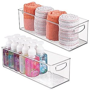 mDesign Plastic Toiletry Organizer for Bathroom - Storage Holder Bin w/Handles for Vanity, Drawers, Dresser - Holds Hair Products, Makeup, Lotion, Skincare and More - Ligne Collection - 2 Pack, Clear