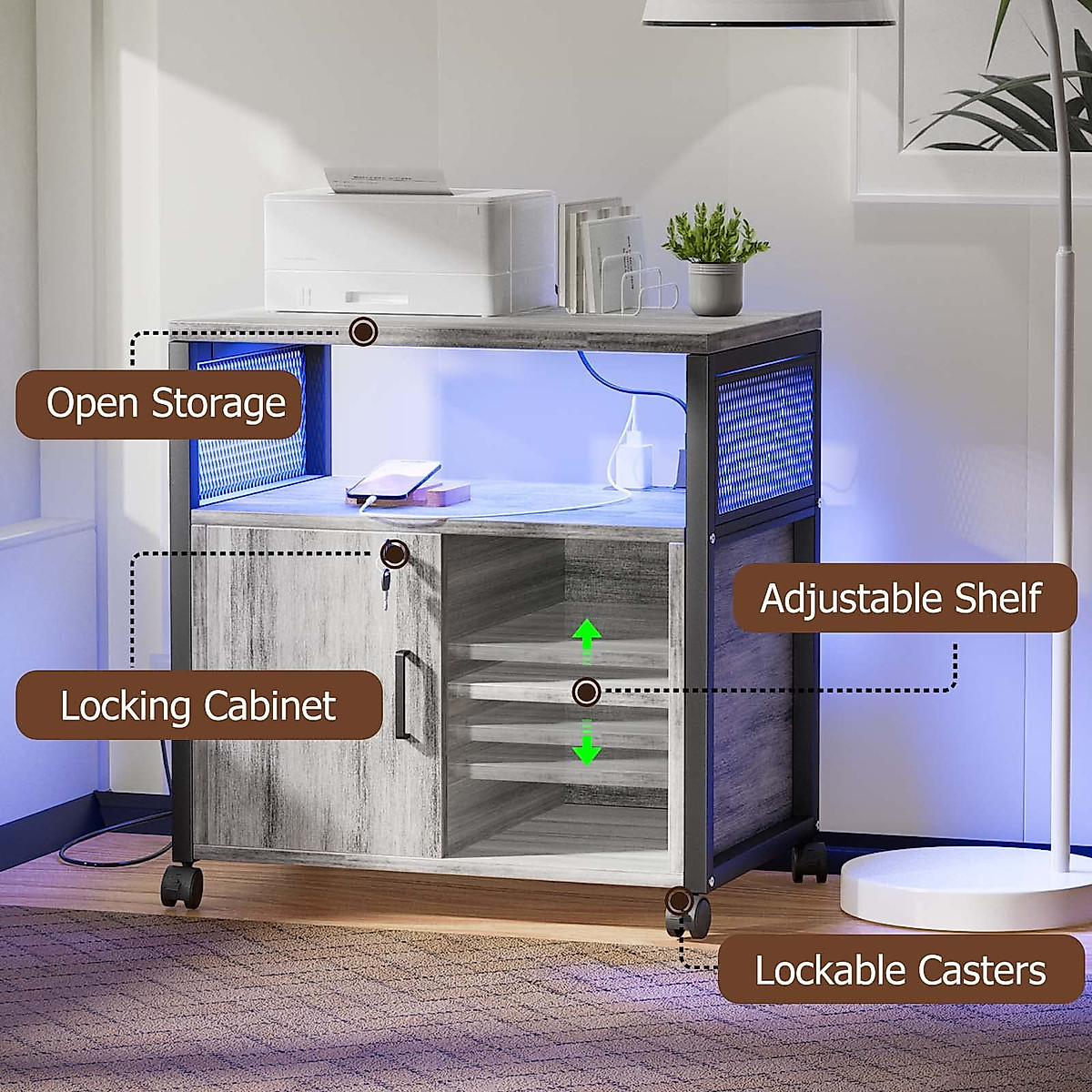 Unikito File Cabinet with LED Lights, Lateral Filing Cabinet with Power Outlets and USB Charging Ports, Printer Stand with Storage, Office Cabinet for Letter, A4, Legal and File Folders, Light Walnut