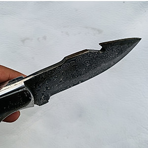 NUSHBA 012 Handmade Damascus Gut Hook Skinning Hunting Knife With Cow Brown Leather Sheath- Best Damascus Steel American Flag Handle Hunting Knife