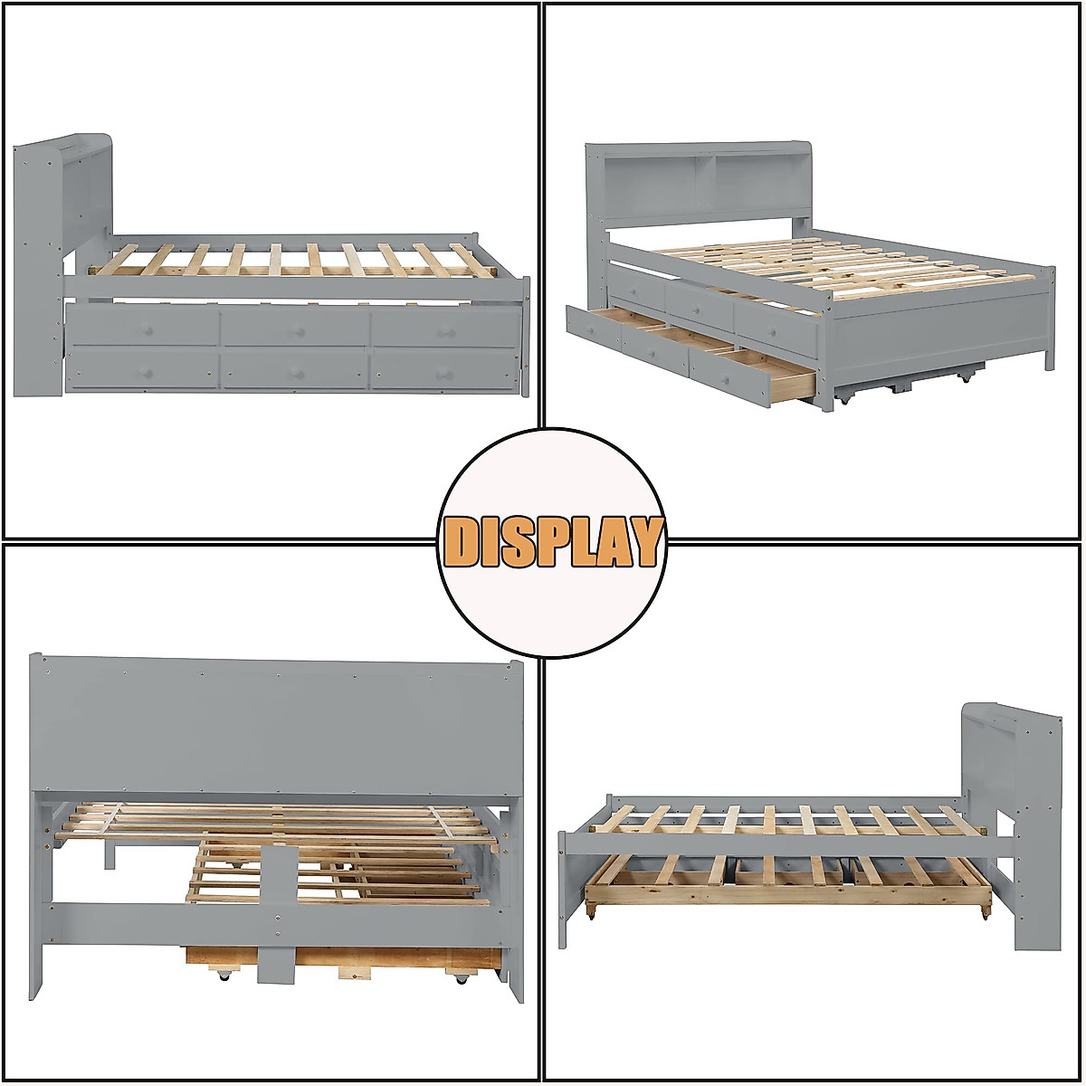 Harper & Bright Designs Twin Bed Frame with Bookcase Headboard, Wooden Twin Size Platform Bed with Trundle and 3 Storage Drawers,Twin Storage Bed for Kids Girls Boys,No Box Spring Needed,Grey