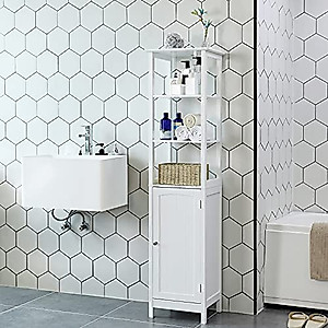 VASAGLE Floor Cabinet, Multifunctional Bathroom Storage Cabinet with 3-Tier Shelf, Free-Standing Linen Tower, Wooden Cupboard, White UBBC63WT