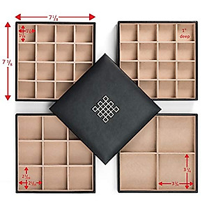 Glenor Co Earring Organizer Tray - 4 Stackable Trays with Lid -45 Slot Classic Jewelry Storage Display Case for Drawer or Dresser - Holder for Earring Ring Necklace or Cufflinks - Large Mirror - Black