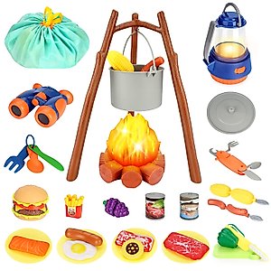 REZUCREY Kids Camping Toys Set, Pretend Play with Campfire, Pretend Cutting Food for Play Kitchen Camping Gear for Kitchen Indoor Outdoor Camping Toys for Kids Toddlers Boys Age 3 4 5 6 7 8+