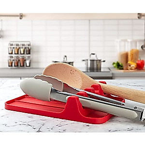 UHMER Silicone Spoon Rest for Multiple Utensils, Heat Resistant Utensil Rest for Stovetop, BPA-free Kitchen Utensil Holder with Drip Pad (Red)