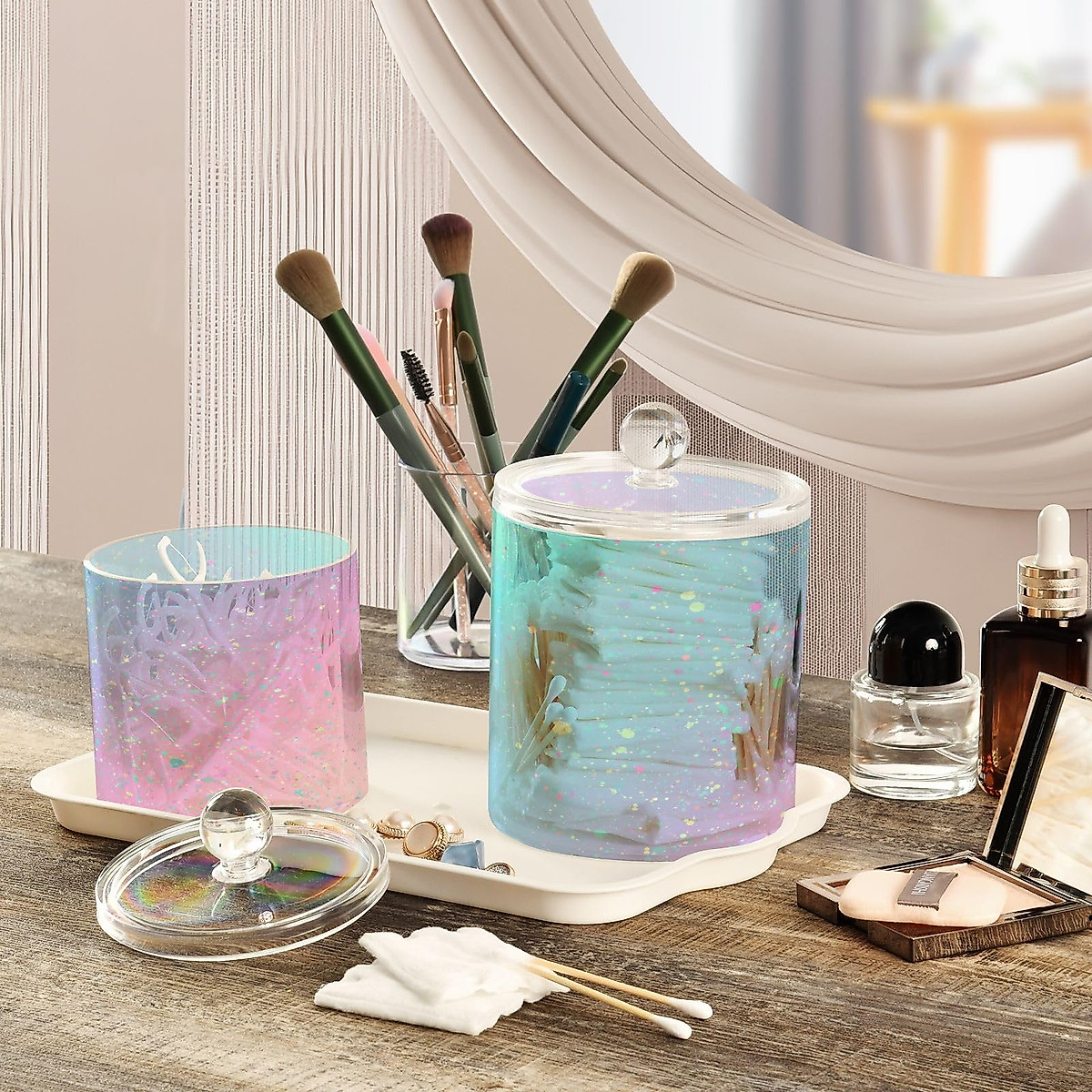 senya 2 Pack Qtip Holder Dispenser with Lids,Unicorn Background with Rainbow Cotton Swabs Cans Round Pads Clear Plastic Acrylic Jar Bathroom Canister