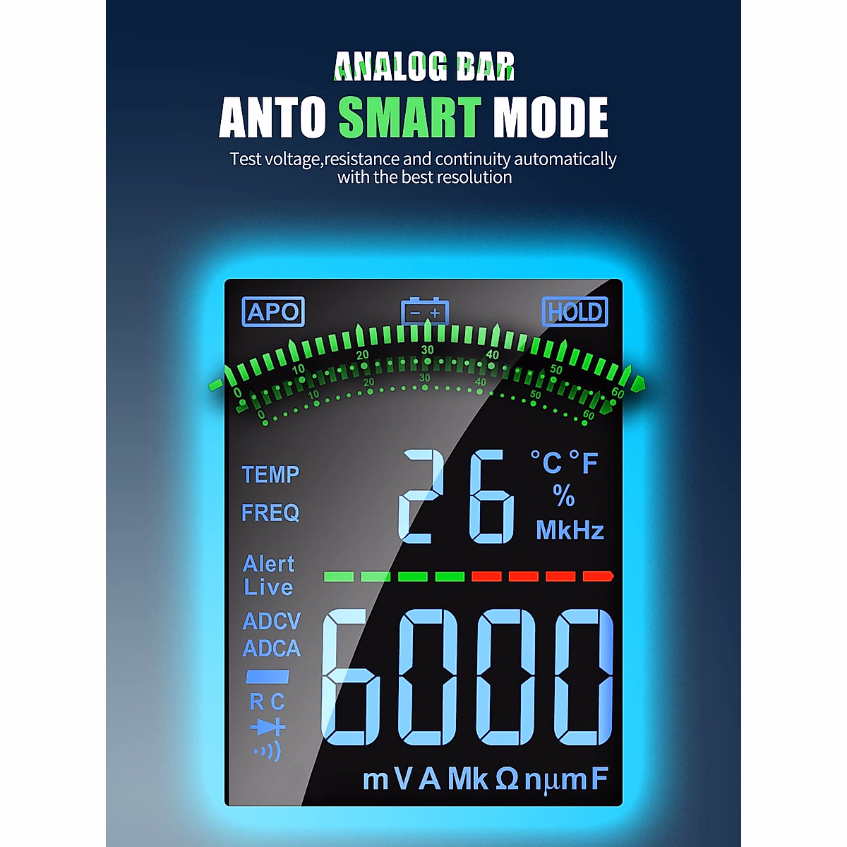 Aicevoos AS-118D Smart Digital Multimeter Auto-Ranging Voltmeter Electrical Tester Measures Voltage Current Capacitance Resistance Continuity Duty-Cycle Temperature Frequency