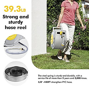Heavy Duty hose Reel, 5/8"×100 FT Retractable Garden Hose Reel Wall Mount with 8 Pattern Hose Nozzle/Auto Rewind/Any Length Lock/180°Swivel Bracket
