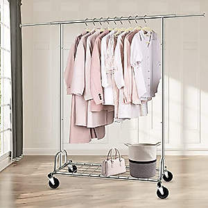 SPECILITE Clothes Rack Heavy Duty Load 480LBS, Grament Rack with Extensible Size, 75" L,Metal Rolling Clothing Rack 2-in-1 with Sturdy Wheels and Shelves, Collapsible Wardrobe Rack, Chrome